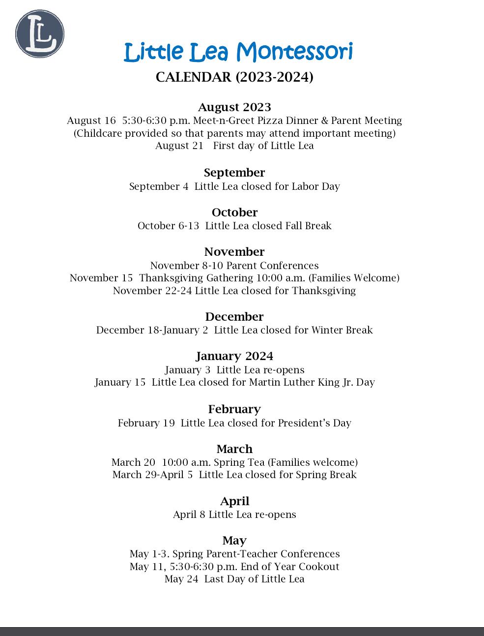 CALENDAR & SCHEDULE – Little Lea Montessori